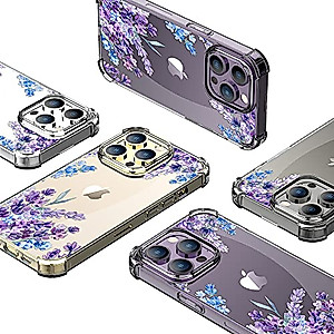 YOYORI iPhone 14 Pro Case with Screen Protector, Flower Pattern Design, Floral Clear Women Phone Case Shockproof Protective Soft TPU Bumper Cover 6.1 Inch 2022 (Lavender/Purple)