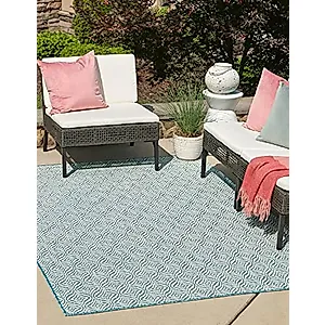 Unique Loom Outdoor Trellis Collection Area Rug - Deco Trellis (7' 1" x 10' Rectangle, Aqua/ Ivory)