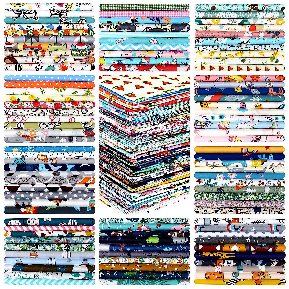 100 Pcs Cotton Fabric Square Patchwork Craft Fabric Scraps Quilting Fat Bundles Flower Animals Cartoon for DIY Sewing Cloths (Lovely, 10 Inch)