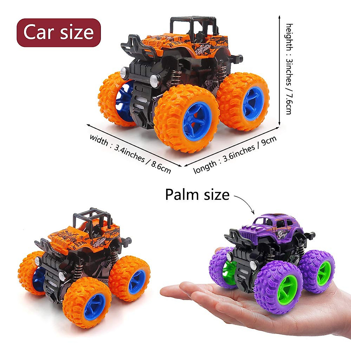 2PCS Monster Trucks Toys for BoysGirls - Friction Cars Monster jam Playset, and Wheels Monster for Kids Age 3 4 5 6 Year Old Gifts for Kids Birthday Christmas (Purple and Orange)
