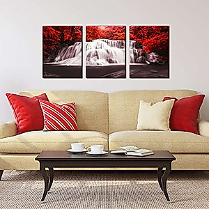 CERLMLAND Waterfall - Wall Art Painting Black White Red Landscape Canvas Wall Art 3 Pieces,Red Trees Forest Picture Prints for Home-office - canvas art wall art for living room 12x16inchx3pcs