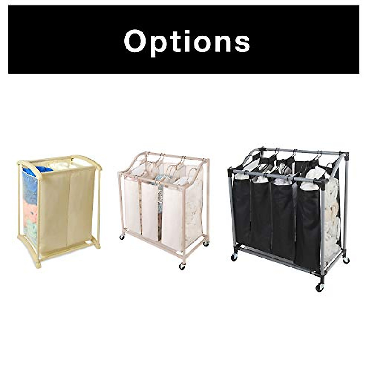 Smart Design Deluxe Rolling Triple Compartment Laundry Sorter Hampers with Wheels - Holds 6 Loads - Sturdy Steel Metal Frame - Clothes and Laundry - Home Organization - 30 x 32 Inch - Beige
