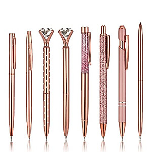 Rose Gold Ballpoint Pen Set, 8pcs Rose Gold Pens with Crystal Diamond Metal Diamond Pen Liquid Sand Glitter Pen for Office School Women Wedding Decor Gifts