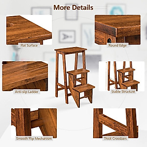 Giantex 3 Step Ladder, Lightweight 3-in-1 Multifunctional Step Ladder w/Anti-Slip Reversible Pedal, Hollow Handle Design, Used for Storage Shelf, Sitting Chair, Folding Pine Wood Step Ladder