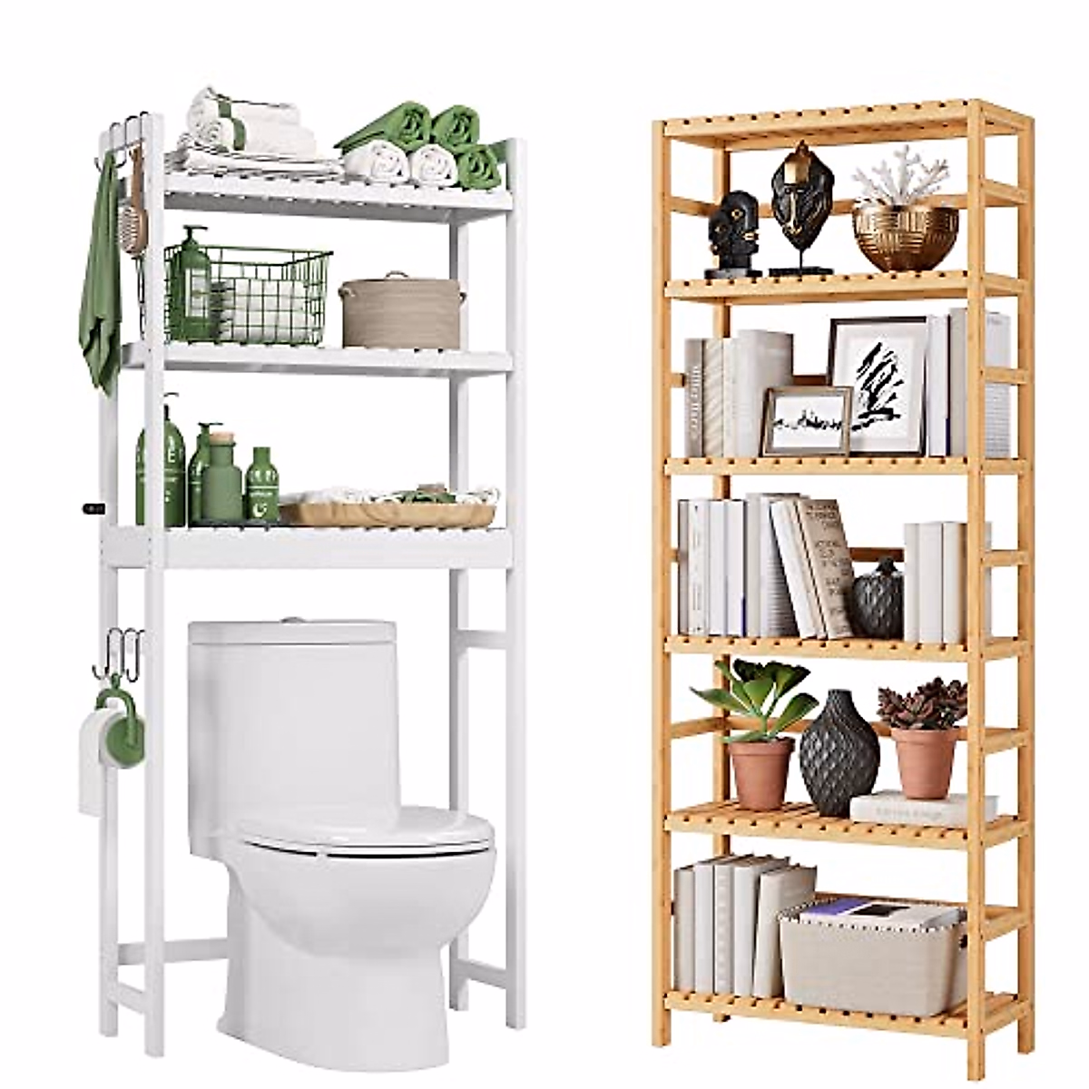Bamjoy Over The Toilet Storage Shelf - Bamboo 6 Tier Tall Storage Shelf Home Office Bookshelf Bookcase Bathroom Shelf Bathroom Organizer Space Saver Bundle