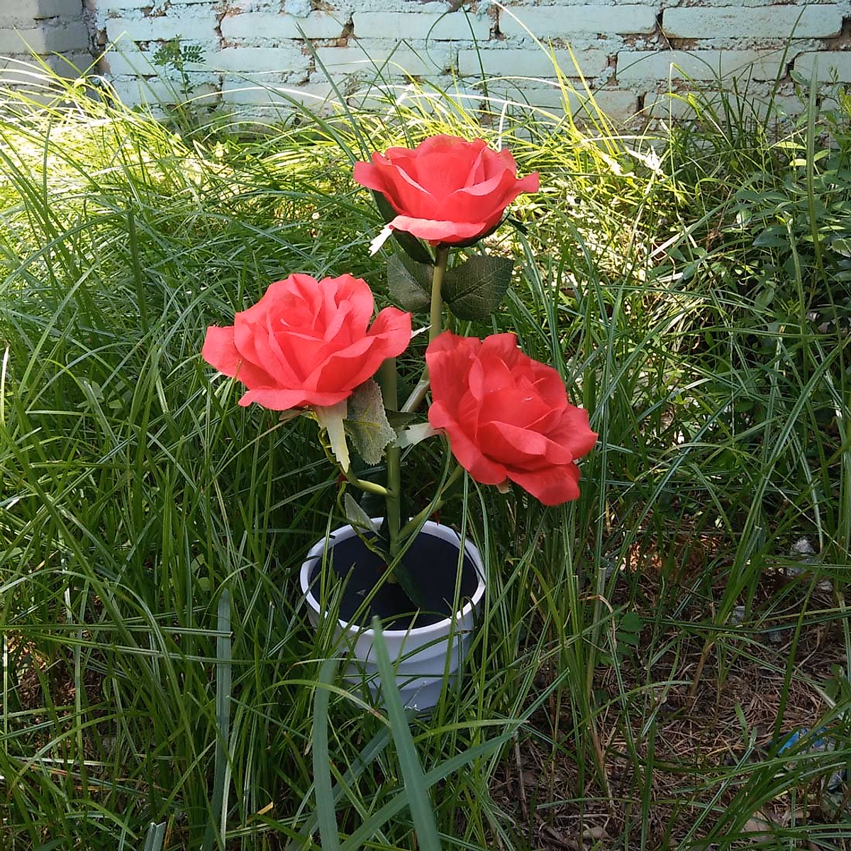 Penfly LED Solar Power Decorative Artificial Rose Flower Pot Plant Landscape Light Night Lamp Outdoor Garden Yard Pathway Lawn Grassland Red