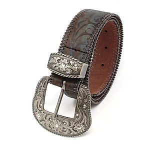 Western Scroll Buckle with Turquoise Tinted Embossed Brown Leather Belt (S)
