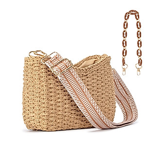 Herald Small Handmade Straw Crossbody Bag for Women, Summer Chic Woven Handbag Shoulder Purse with Chain & Guitar Strap (Coffee)