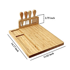 Bamboo Cheese Board and Knife Set, 14” x 11”Cheese Tray Platter Servers with Magnetic Knife Holder Charcuterie Boards Gift Set for Wedding,Christmas and Housewarming Gift