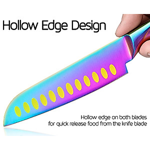 WELLSTAR Santoku Knife 5 Inch, Super Sharp German Steel Kitchen Cooking Knife with Comfortable Handle and Rainbow Coating for Slicing Dicing and Mincing of Meat Vegetables and Fruits for Small Hand