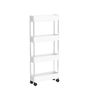 AOSION Slim Storage Cart with Wheels, White, 5.1in Width, 4-Tier Kitchen Storage Organizer, Waterproof and Rust-Proof