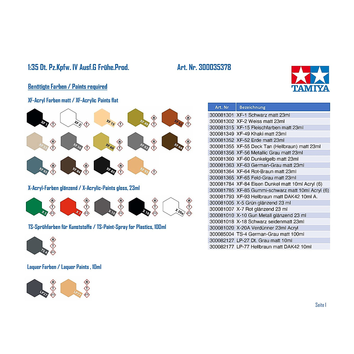 TAMIYA 1/35 German Tank Panzerkampfwagen IV Ausf. G TAM35378 Plastic Models Armor/Military 1/35