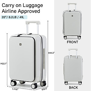 Hanke 20 Inch Carry On Luggage with Wheels PC Hard Shell Suitcases Lightweight Front Opening Tsa Luggage Travel Suitcase Woman Men(Smoke White)