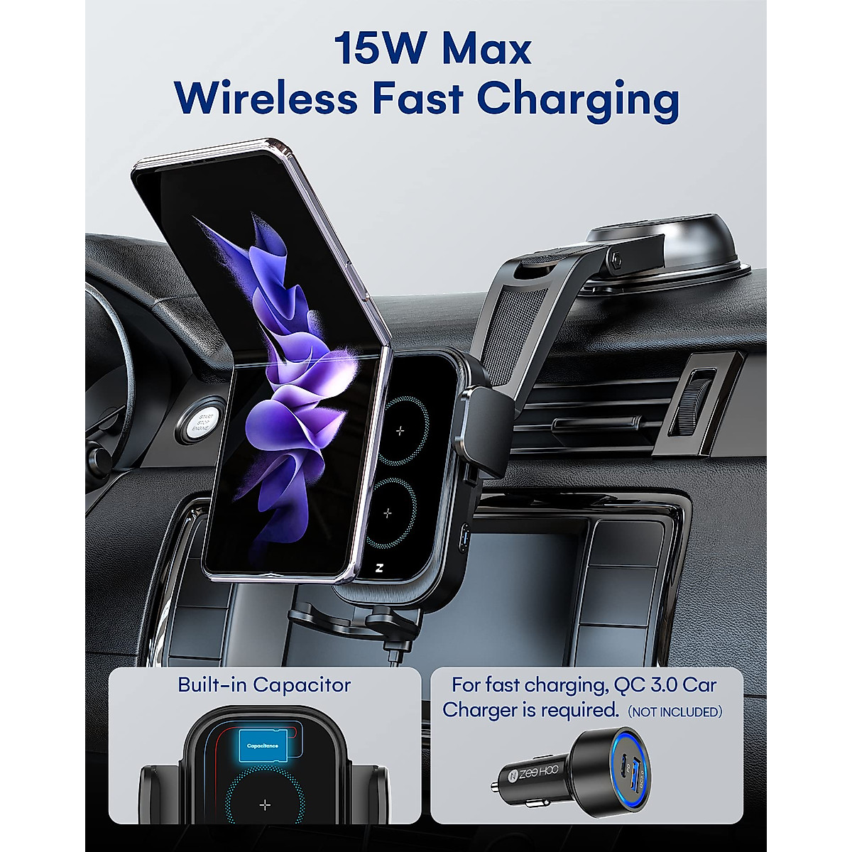 Wireless Car Charger, ZEEHOO DUOXX Dual Coils 15W Fast Charging Auto-Clamping Car Mount, Dash& Vent Wireless Car Phone Charger Holder for iPhone 15 14 13 12, Samsung Z Flip 4 3, S23+, etc