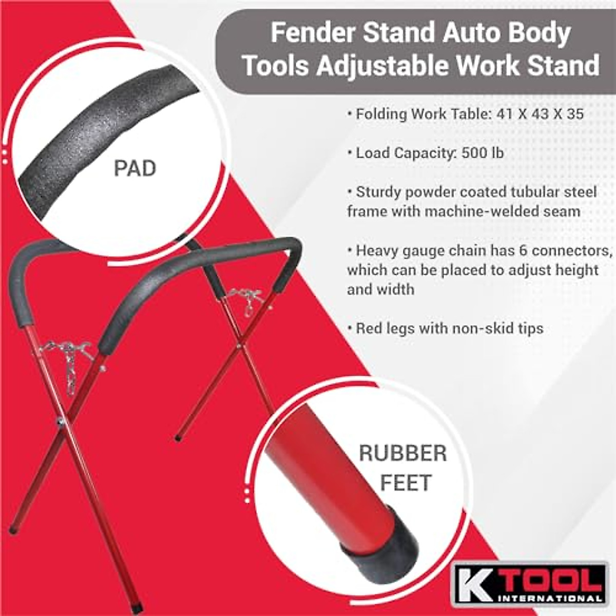 K Tool International 79750 Automotive Fender Stand for Garages, Repair Shops, and DIY, 41" x 43" x 35", 500 lbs. Capacity, Adjustable, Padded, Powder-Coated Tubular Steel, Rubber Feet, Red/Black