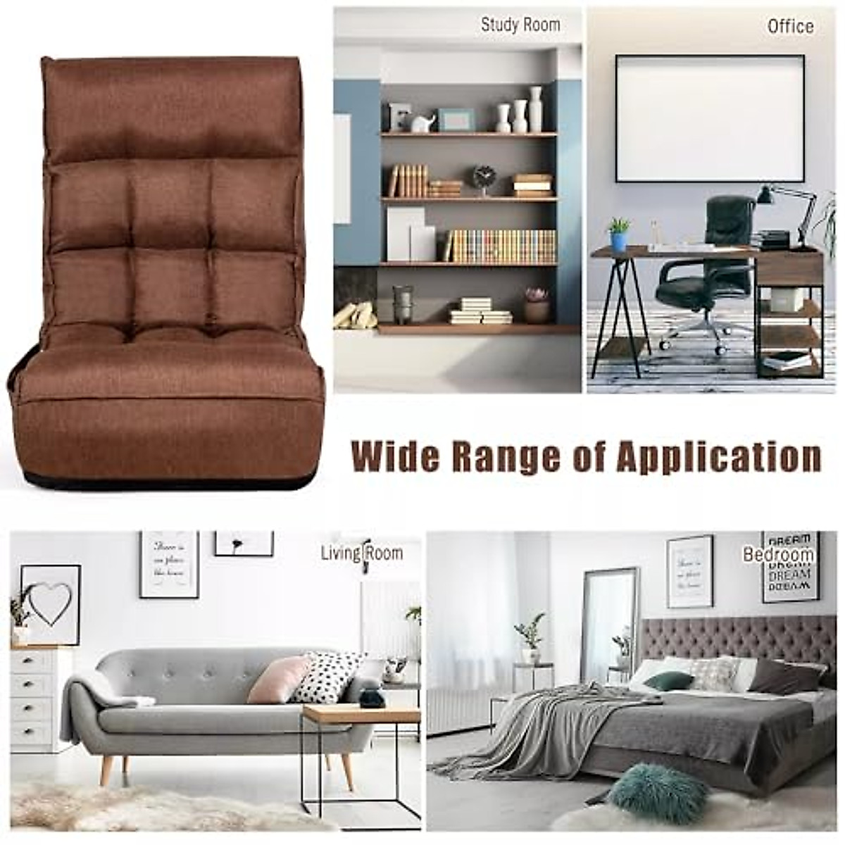 MUSUMI 4-Position Adjustable Floor Chair Folding Lazy Sofa Cushioned Couch Lounger New Foldable Couch Upholstered Couch Recliner, Easy to Store (Brown)