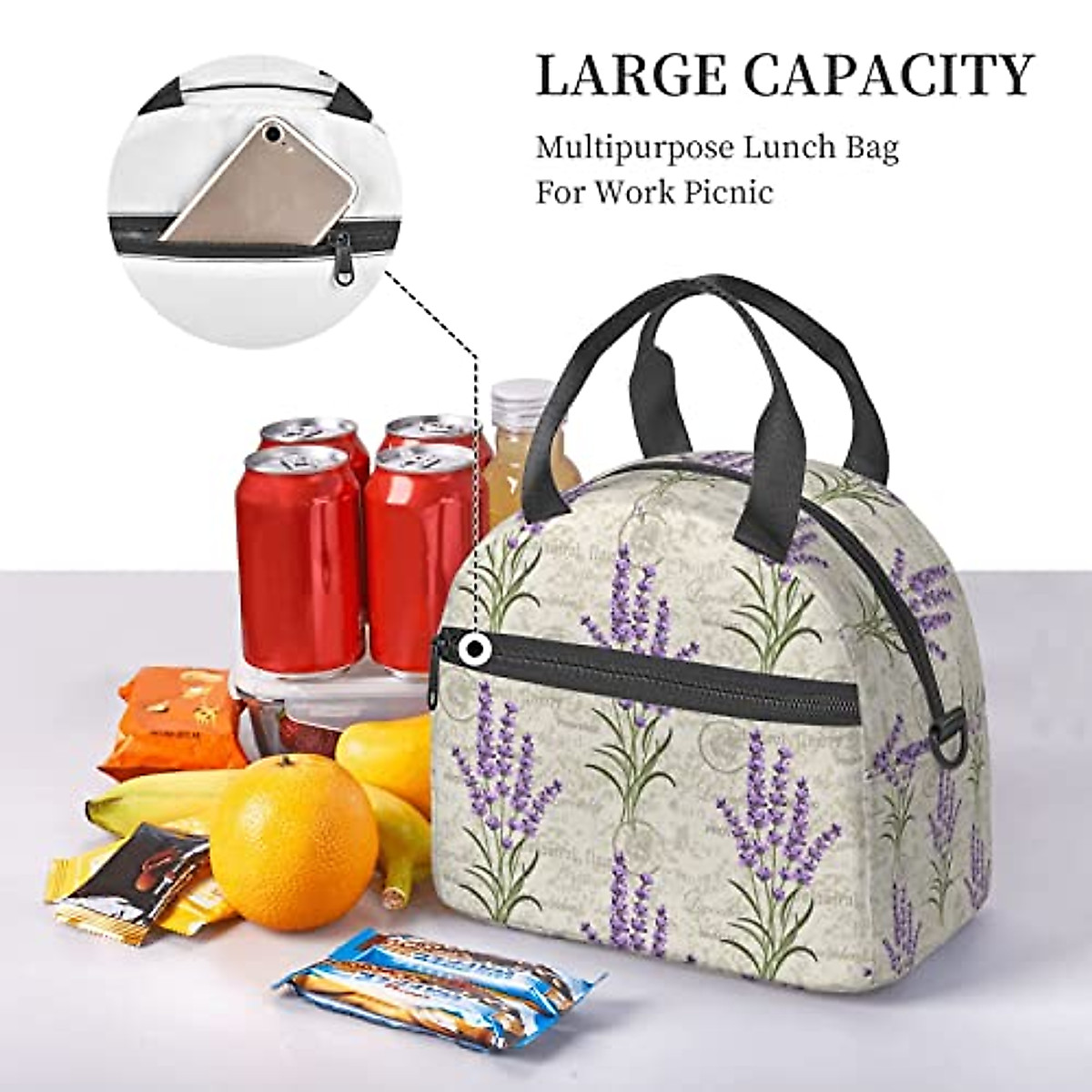 Vintage Lavenders Floral Lunch Bag Reusable Insulated Lunch Tote Bag Lunchbox Container With Adjustable Shoulder Strap For Office Work School Picnic Travel