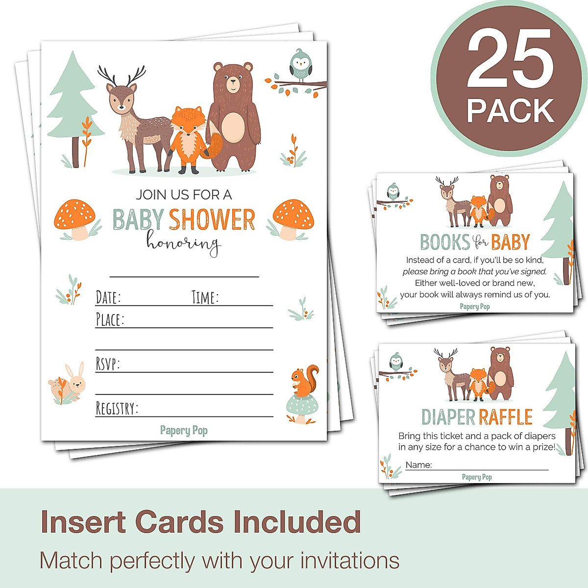 Set of 25 Baby Shower Invitations for Boy or Girl with Envelopes, Diaper Raffle Tickets and Baby Shower Book Request Cards - Gender Neutral Woodland Animals