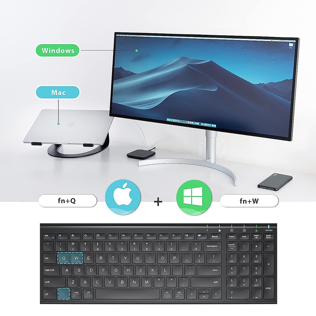 iClever Wireless Keyboard GKA22B Rechargeable Keyboard with Number Pad, Full-Size Stainless Steel Ultra Slim Keyboard, 2.4G Stable Connection Wireless Keyboard for iMac, Mackbook, PC, Laptop