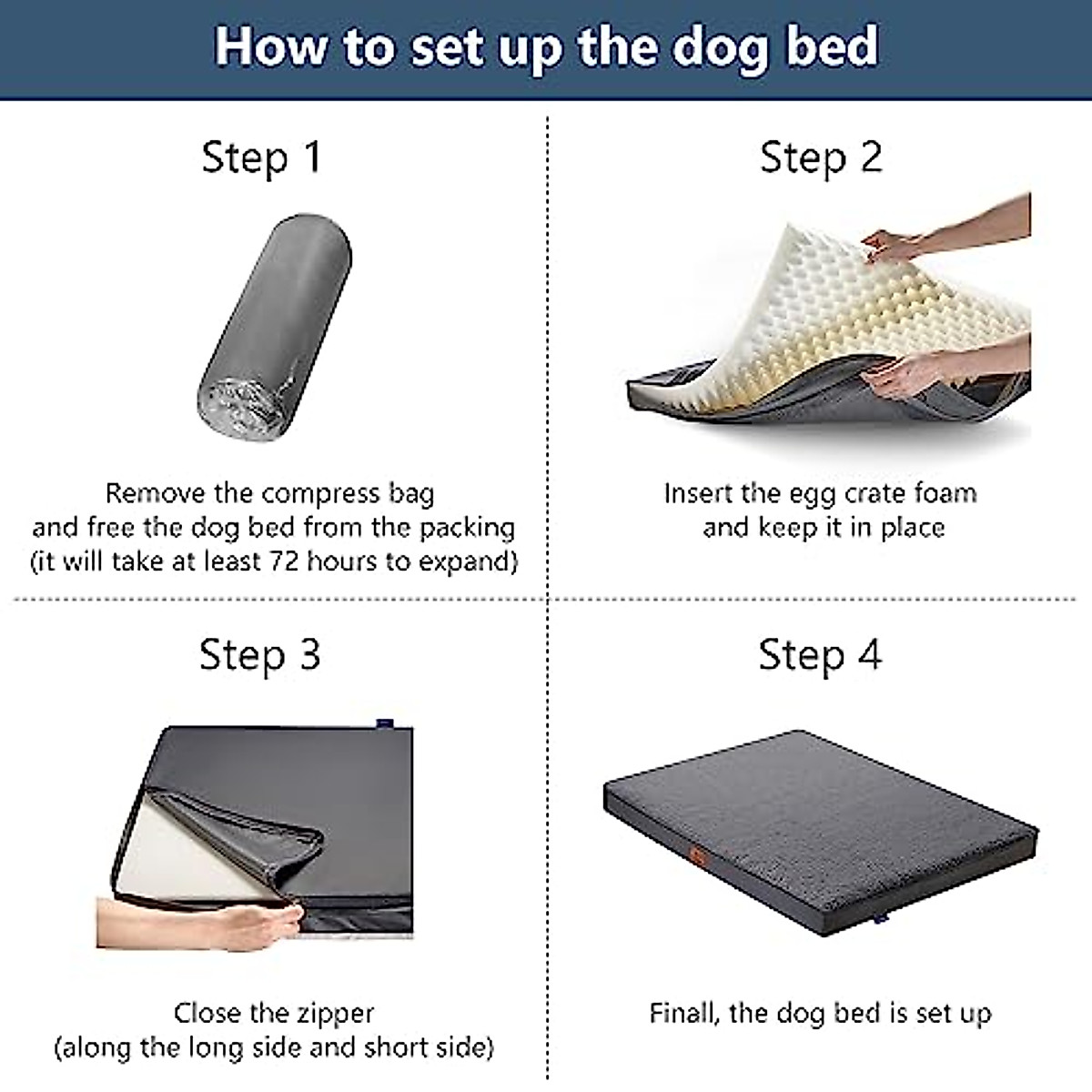 CozyLux Dog Beds for Large Dogs - Large Dog Bed for 65 lbs, Egg-Crate Foam Cat Bed Mat, Removable Washable Cover, Grey 35 X 22 X 3 inch