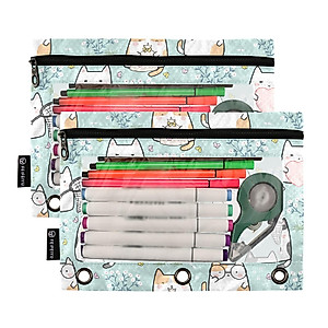 Kawaii Cute Cat Binder Pencil Pouch for 3 Ring Pencil Pouch with Zipper Clear Window Pencil Case Pencil Pouches Bags for Travel Office Supplies Cosmetic, 2 Pack