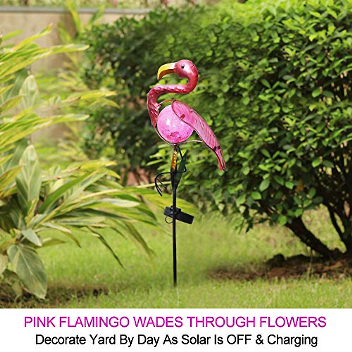 Bright Zeal 14" Tall Metal Pink Flamingo Garden Decor Solar Lights - LED Solar Stake Lights Garden Decorations - Solar Flamingo Lights Outdoor Decorative Stake - Solar Pink Flamingo Yard Ornaments