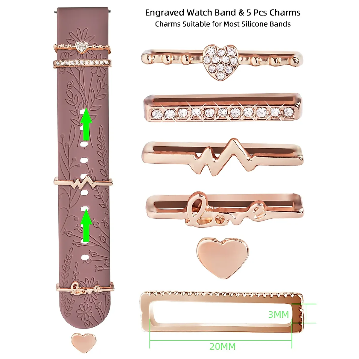 ORATYFAN Bands for Samsung Galaxy Watch 7/4/5/6 with Charms, 20mm Women Floral Engraved Silicone Strap with Decorative Rings for Watch 6/Watch 5 Pro/Watch 4 Classic 46mm 42mm/Watch 3 41mm/Active 2