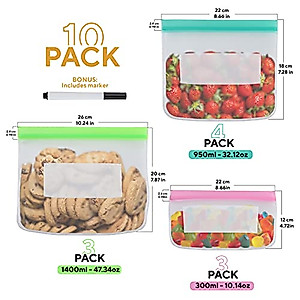 Bssential Reusable Food Silicone Storage Bags with Marker Included - 10 Pack (3 Reusable Gallon Bags + 4 Leakproof Reusable Sandwich Bags + 3 Food Grade Snack Bags) Dishwasher Safe, Leakproof Sandwich Bags, Bags for Lunch, Food Containers & Travel Essenti