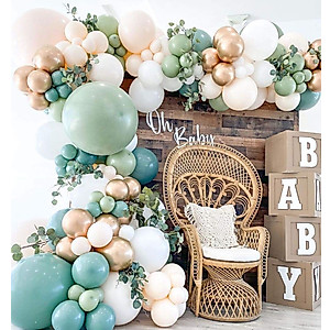 146 Pieces Sage Green Gold Ivory White Balloon Garland Arch Kit, Sage Olive Green Ivory White Gold Balloons Decor Jungle Safari Tropical Baby Shower Birthday Theme Party Decorations Supplies for Boys