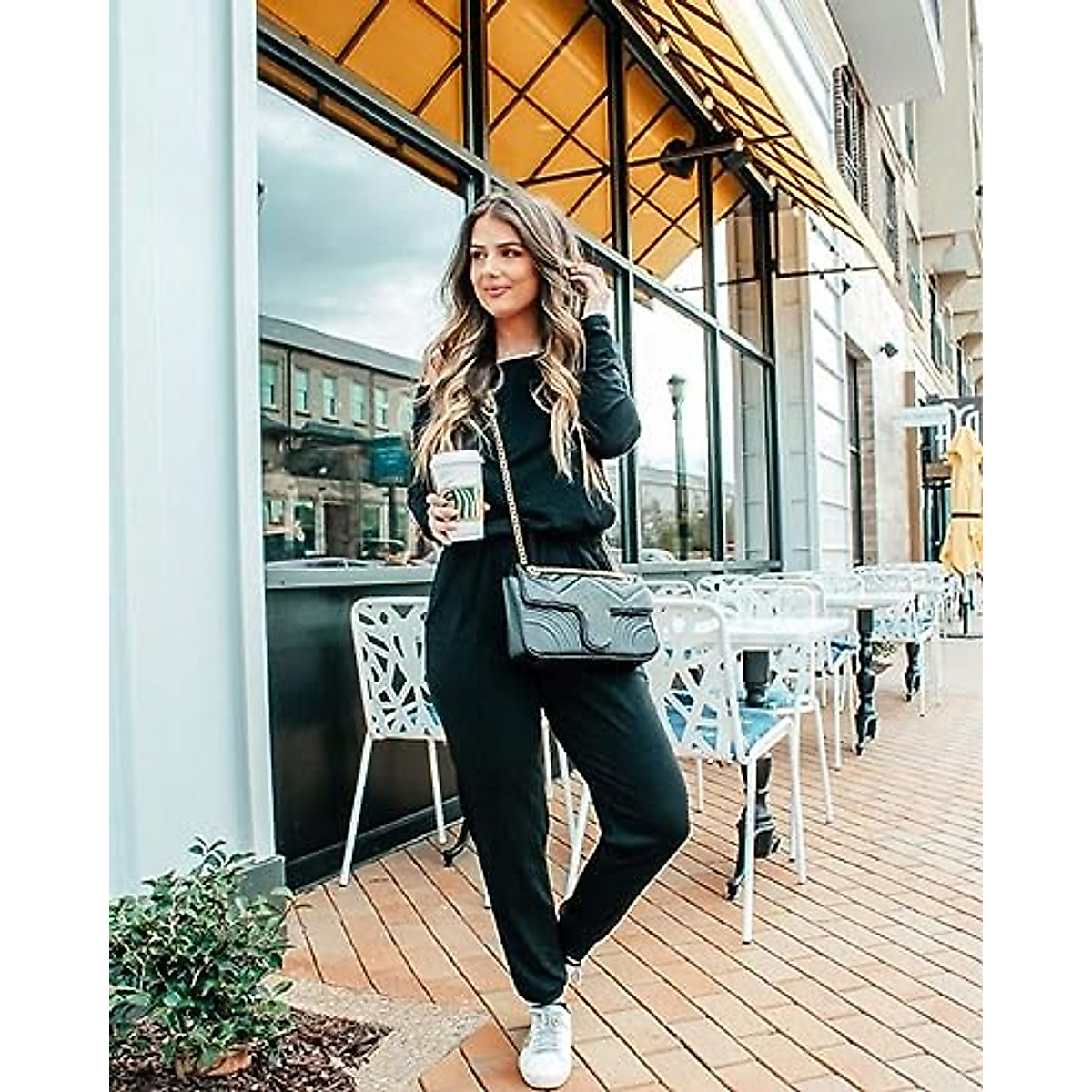 PRETTYGARDEN Women's Casual Long Sleeve Jumpsuit Crewneck One Off Shoulder Elastic Waist Stretchy Romper with Pockets