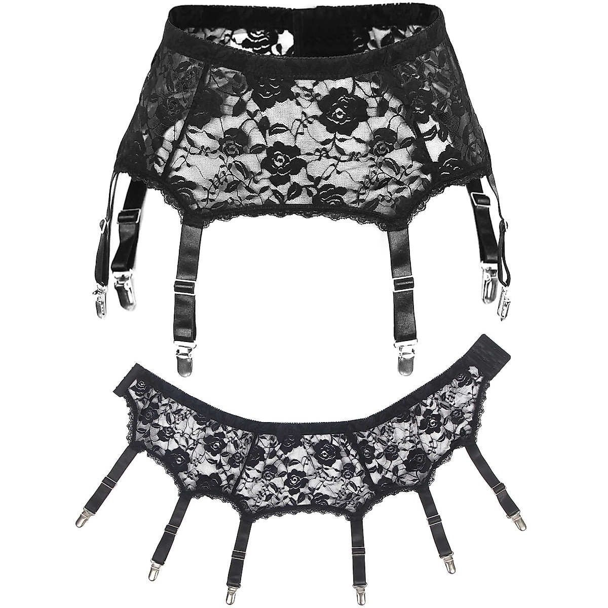 ohyeah Black Lace Garter Belt Sexy Mesh Suspenders with 6 Straps Metal Clips Vintage Garter Belts for Thigh Highs Stockings XL-XXL