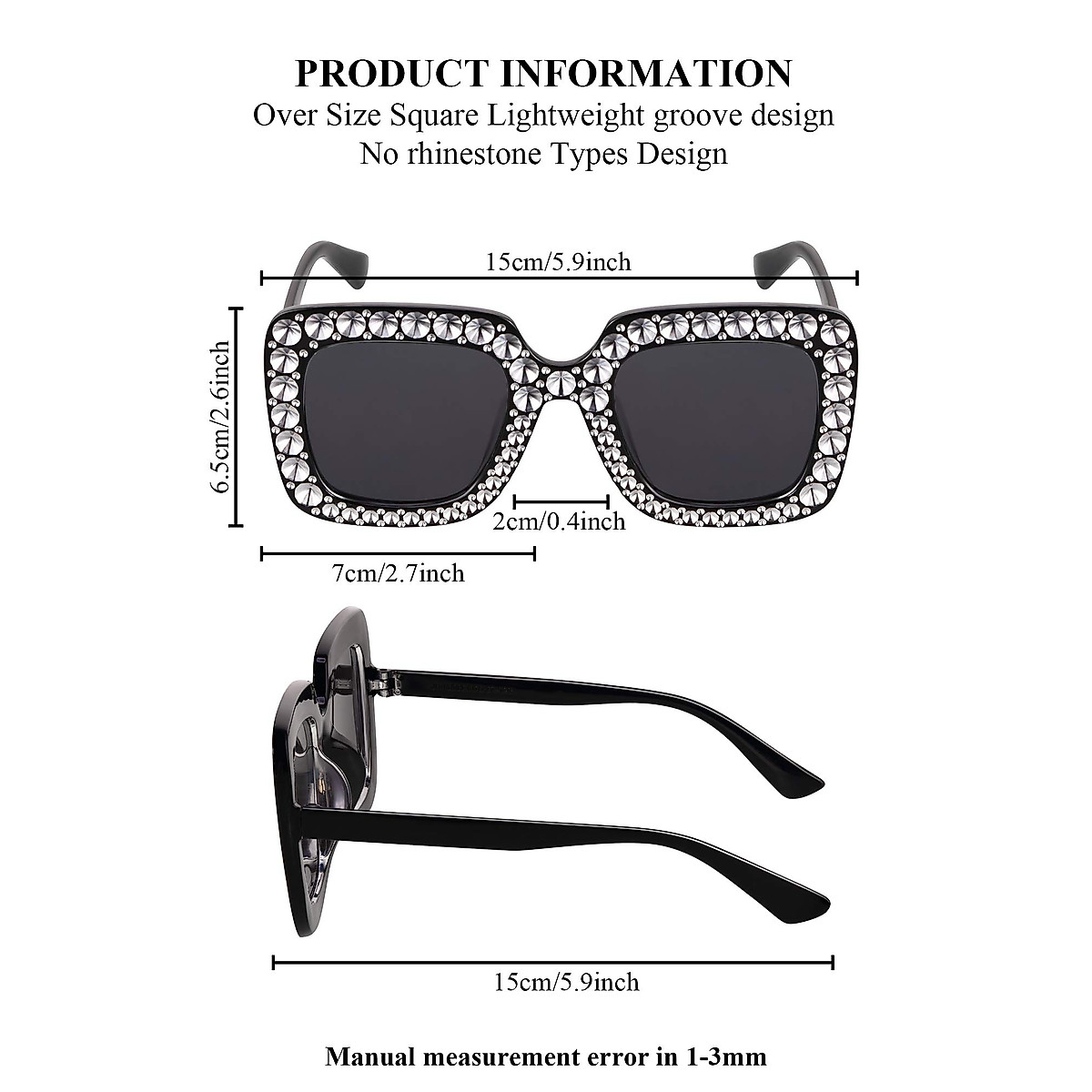 Frienda 2 Pieces Oversize Square Sparkling Sunglasses Retro Thick Frame Sunglasses (Clear Pink, Black)