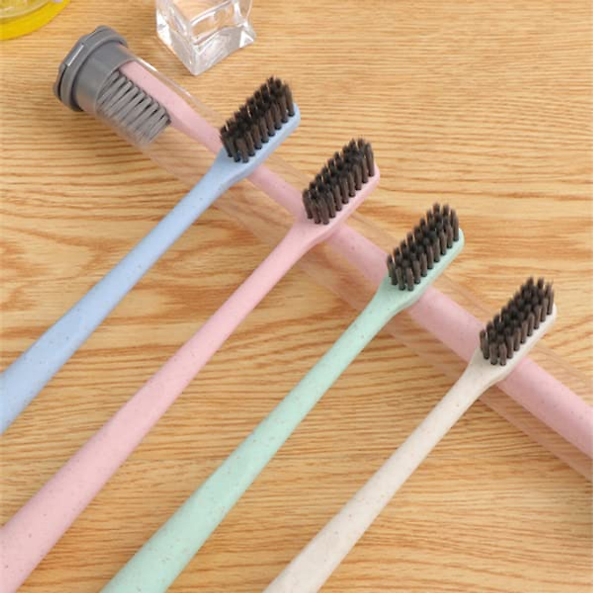 Sainal 12pcs/Pack Manual Toothbrushes Soft Bamboo Charcoal Bristles Wheat Straw Material Handle Portable with Individual Packaging