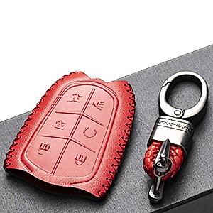 Vitodeco Genuine Leather Smart Key Keyless Remote Entry Fob Case Cover with Key Chain for 2015-2019 Cadillac Escalade, Escalade ESV (6 Buttons, Red)