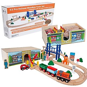 ORBRIUM 52 Pcs Deluxe Wooden Train Set with wooden Storage Box Tunnel compatible with Thomas, Brio, Melissa (Wooden Box - 52 Pcs Train Set)