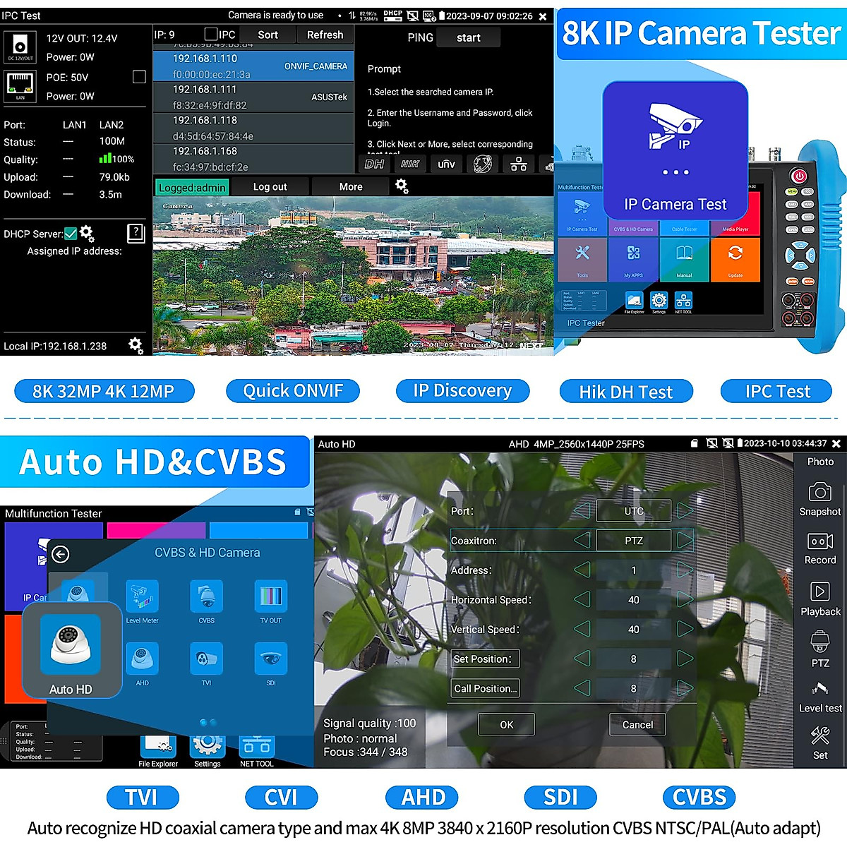 Rsrteng IPC-9800MOVTADHS Pro Full Features CCTV Camera Tester 8K 32MP IP Camera Tester 7-inch IPS Touch Screen Monitor CCTV Tester with 4K HD-TVI CVI AHD SDI Support DMM OPM VFL TDR Features POE HDMI