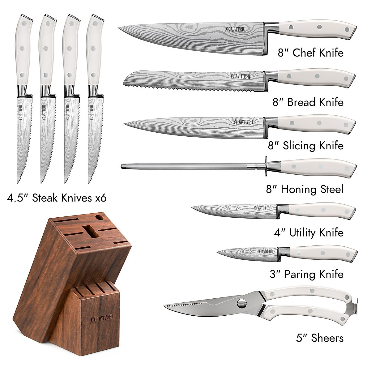 Yatoshi 12 Piece White Knife Block Set - Pro Kitchen Knife Set Ultra Sharp High Carbon Stainless Steel with Ergonomic Handle