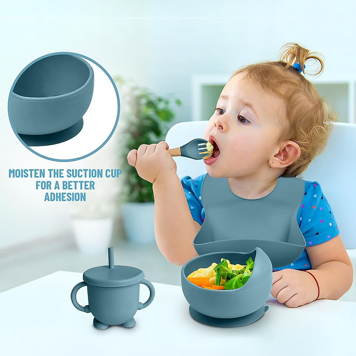 AYBABY Baby Led Weaning Supplies, 10 pieces Baby Feeding Set with Suction Divided Plate with lid, Bowl, Ergonomic Fork and Spoon, Sippy Cup, Bib and Teething feeder - (blue)