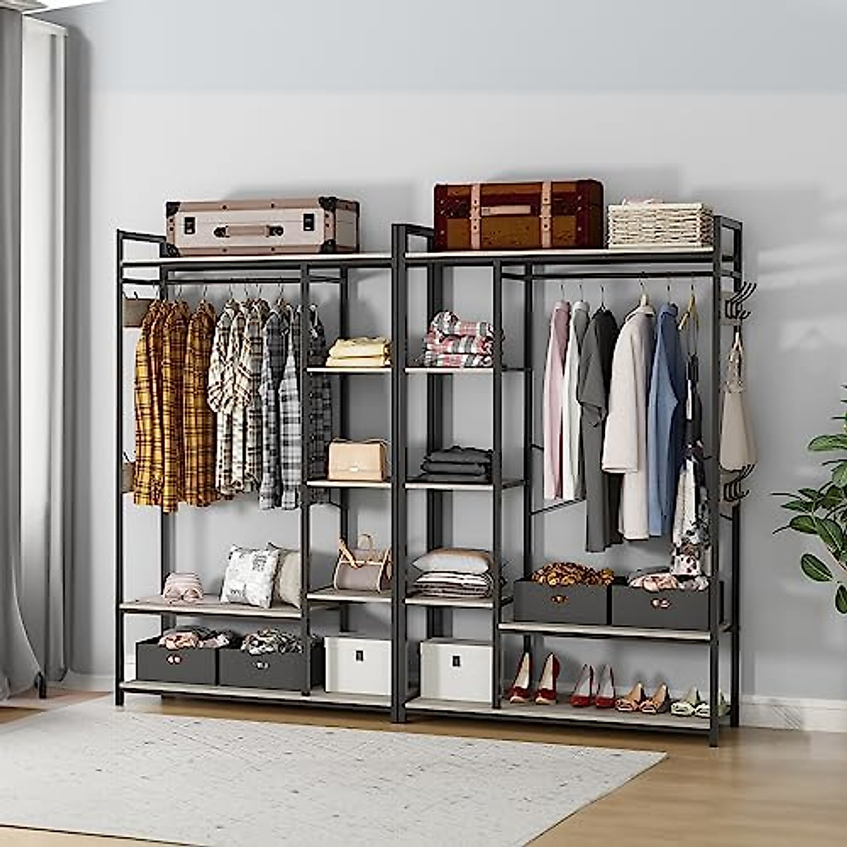 FreeStanding Clothing Rack Heavy Duty Closet Organizer with Shelves, 2 Fabric Drawers and 6 Hooks Clothes Wardrobe Closet Storage Rack,GREY