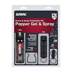 SABRE RED Home and Away Protection Kit, Includes One Pepper Gel Containing 17 Bursts, Has A 17-Foot (5-Meter) Range and Includes A Wall Mount, Pepper Spray Has 25 Bursts and A 10-Foot (3-Meter) Range
