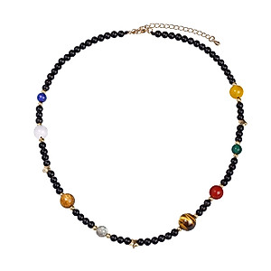 Jewever The Eight Planets Guardian Star Choker Necklace for Women Black Agate Beaded Crystal Necklace Universe Galaxy Healing Crystals and Gemstones (16"+2")