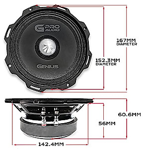 Genius Audio GPRO-M0765 6.5" 300 Watts Max 150 Watts RMS Pro Audio Midrange Speakers Push Connector Aluminium Bullet Car Audio Speaker Ferrite Magnet 4 Ohm Reinforced Paper Cone (1 Speaker)