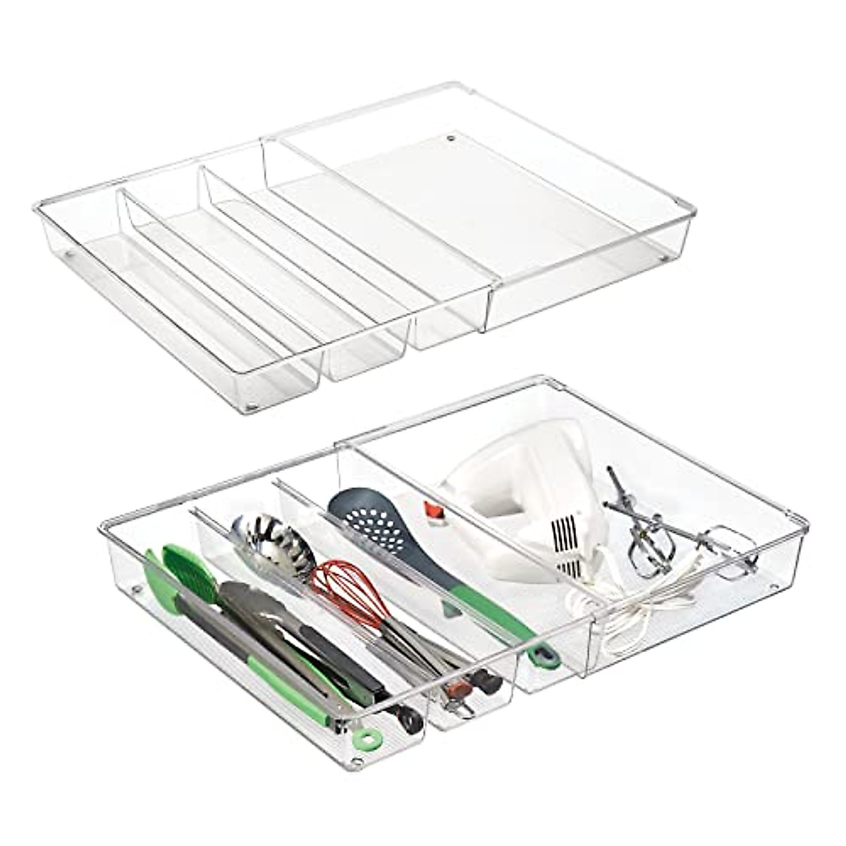 mDesign Plastic Adjustable/Expandable Divided Drawer Storage Organizer with 4 Compartments for Kitchen Pantry, Cupboard, Cabinet, Hold Silverware, Utensils, Cutlery - Ligne Collection - 2 Pack - Clear
