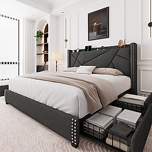 Feonase King Size Bed Frame with 4 Storage Drawers, Upholstered Platform Bed Frame with Charging Station & Wingback Headboard, Solid Wood Slats Support, No Box Spring Needed, Noise-Free, Dark Gray