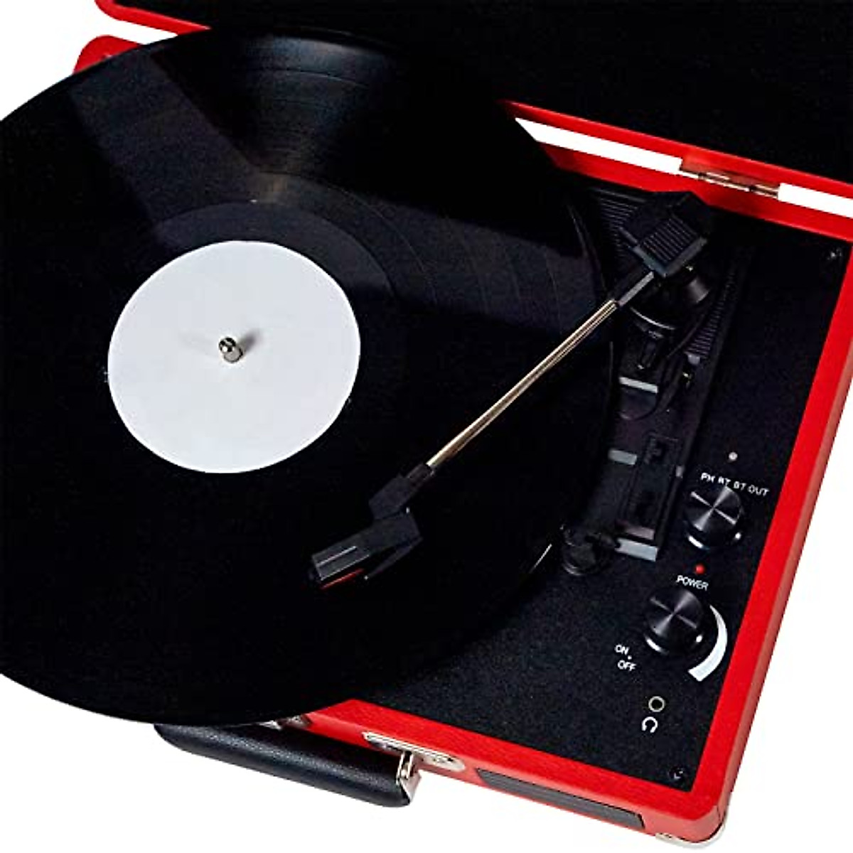VICTOR Metro 3-Speed Portable Suitcase Turntable Record Player with Dual Bluetooth in & Out and Built-in Stereo Speakers, Red