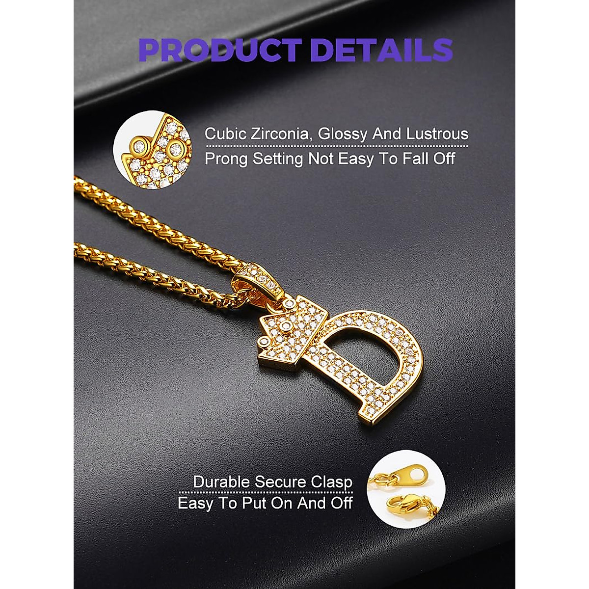 Richsteel Initial D Necklace For Men Women 18K Gold Plated Pendant with 22 Inch Chain Fashion Letter Name Jewelry