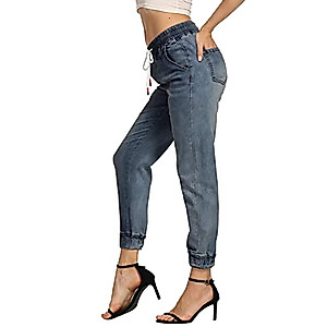 V VOCNI Women's Joggers Denim Sport Fit Drawstring Waist Side Pockets Casual Jeans Dark Blue X-Large