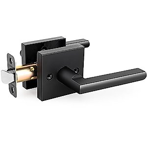 LOQRON Passage Door Lever Heavy Duty Keyless Door Handle Square Non-Locking Door Lock Matte Black Finish Reversible for Hall Closet Door