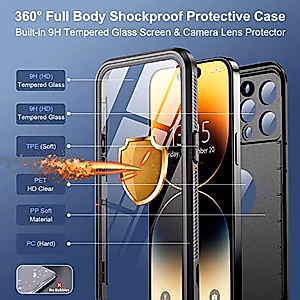SPIDERCASE for iPhone 14 Pro Case, Waterproof Built-in 【9H Tempered Glass】 Screen & Camera Lens Protector 【12FT Military Shockproof】 IP68 Water Resistance 【Full-Body Heavy Duty】 Rugged Case, Black