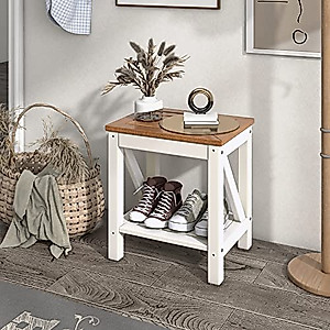 Giantex Shower Bench Waterproof HDPE - Shower Stool with Storage Shelf, Slatted Seat, Non-Slip Foot Pads, 2-Tier Plastic Spa Bath Step Shower Seat Footrest for Bathroom Indoor Outdoor (White & Brown)